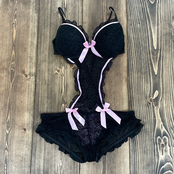 Intimates & Sleepwear | Womens Black Lace Lingerie With Pink Bows ...
